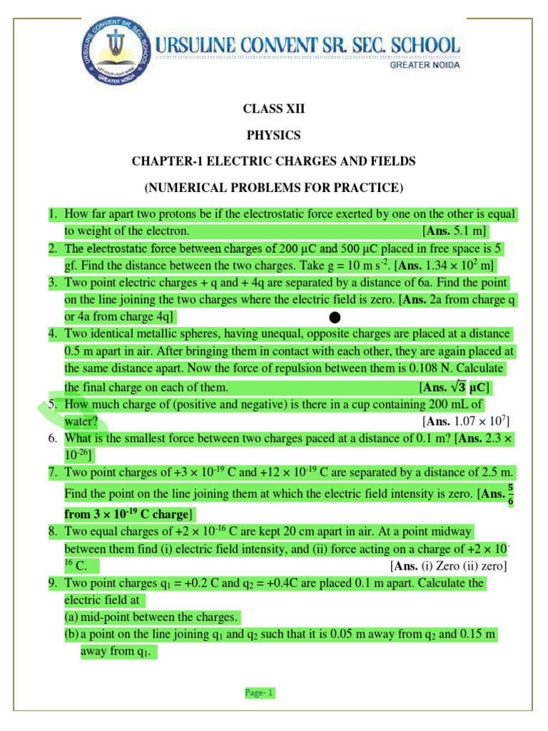 Class Xii CH-1 Electric Charges & Fields | PDF | Electric Field | Force