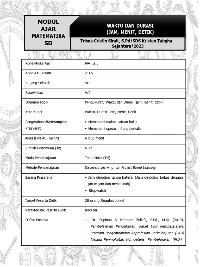 Fix Modul Ajar Matematika - Waktu Dan Durasi (Jam, Menit, Detik) - Fase A | PDF | Karier ...