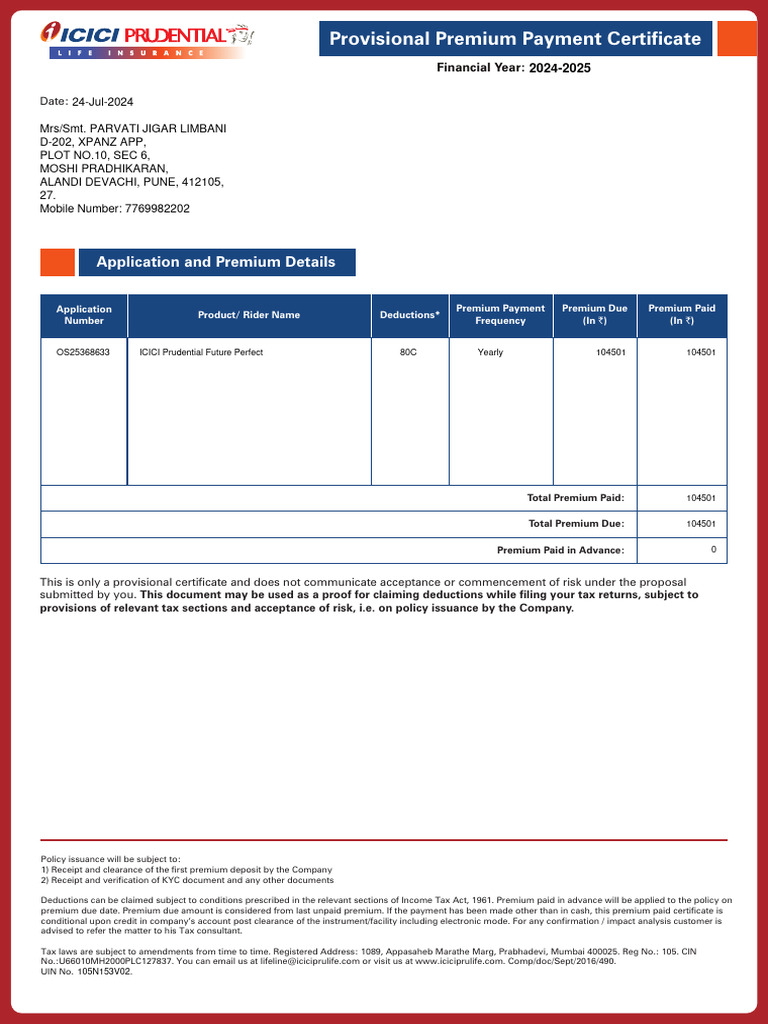 OS25368633 PremiumPaymentCertificate | PDF | Insurance | Receipt