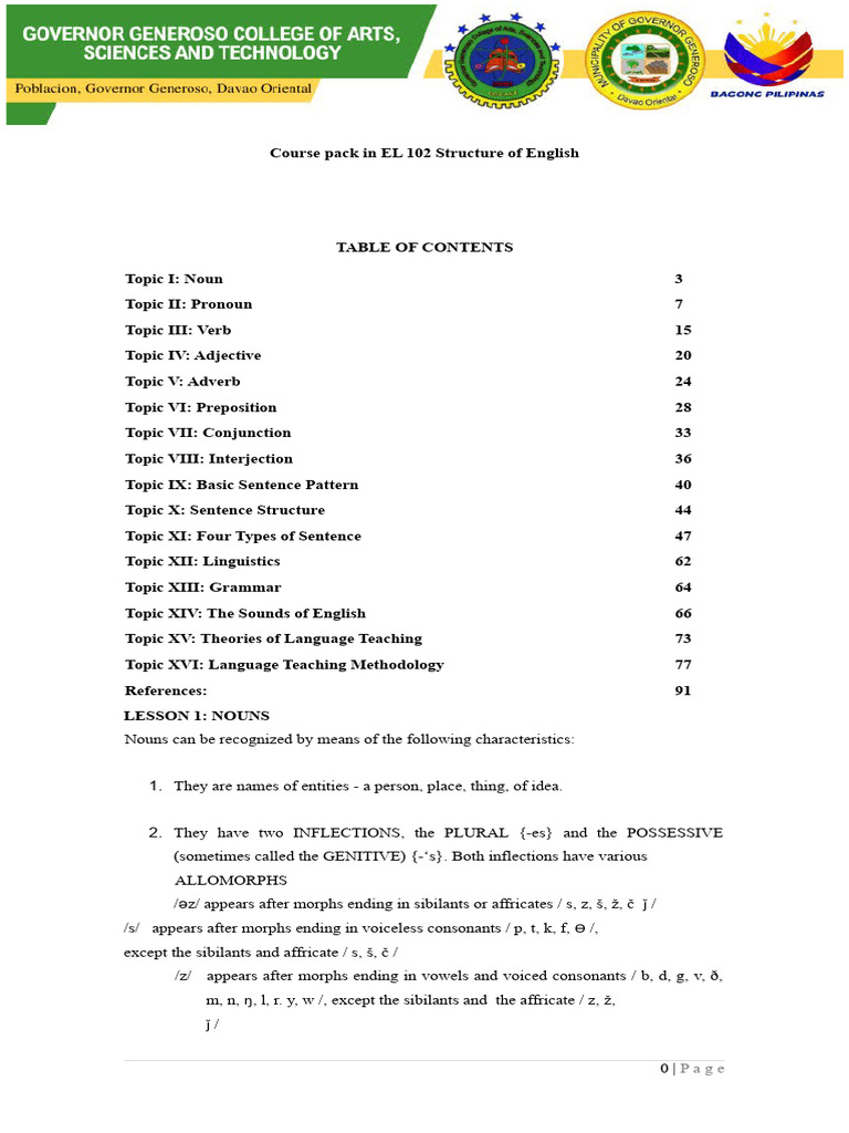 EL 102 Structure of English coursepack | PDF | Grammatical Gender | Verb