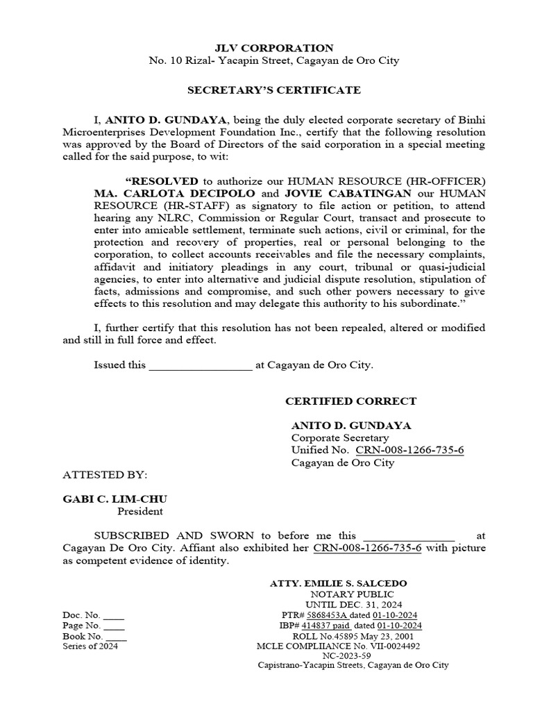 Secretary Certificate JLV | PDF | Affidavit | Legal Procedure