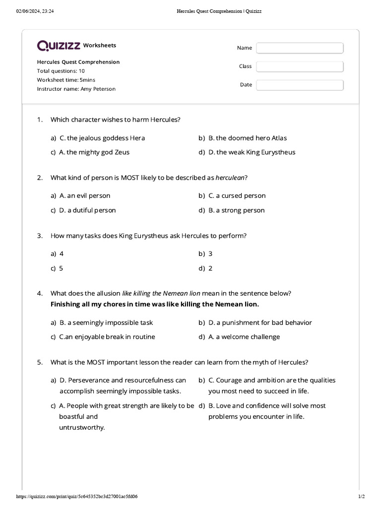 Hercules Quest Comprehension Worksheet | PDF | Hera