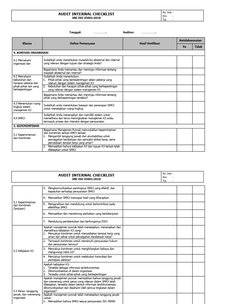 Checklist Audit ISO 45001 | PDF | Karier & Perkembangan | Pengelolaan ...