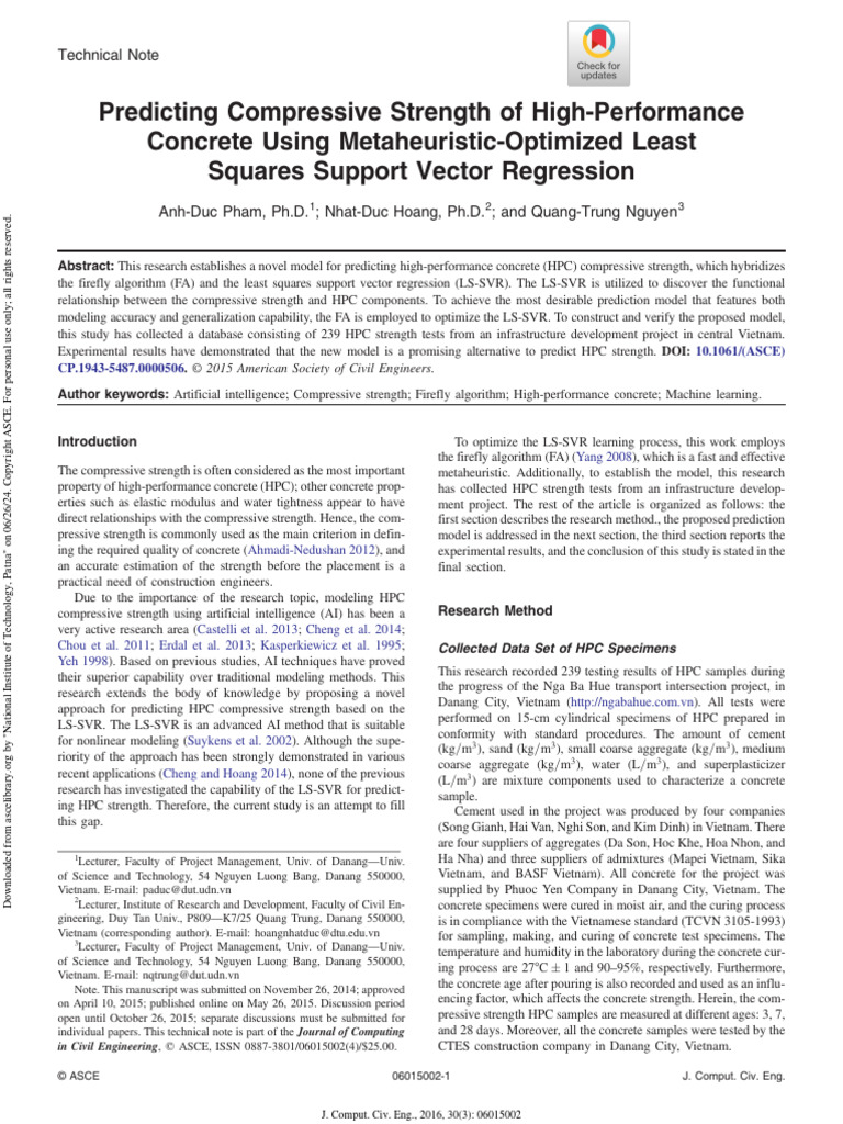 Pham Et Al 2015 Predicting Compressive Strength of High Performance Concrete Using Metaheuristic ...