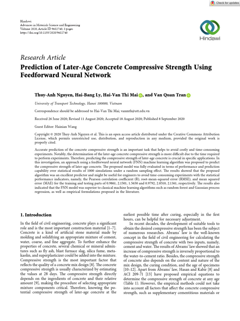 Advances In Materials Science And Engineering 2020 Nguyen Prediction Of Later Age Concrete