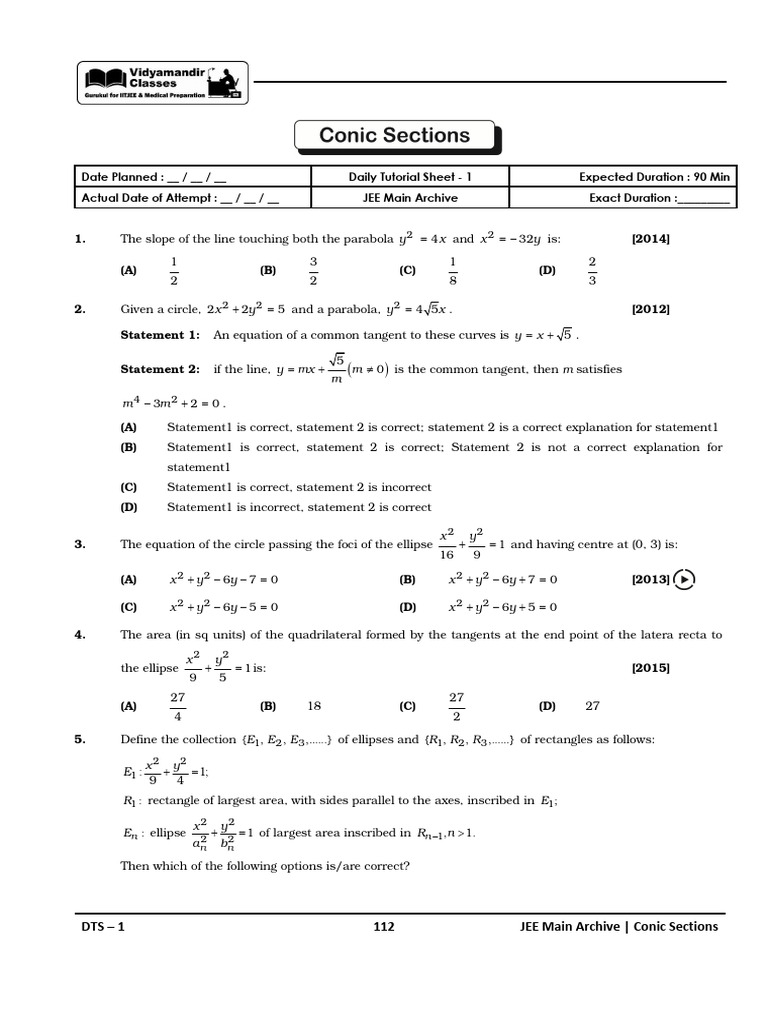 Conic - JEE Main Archive - DTS - 1 | PDF | Ellipse | Tangent