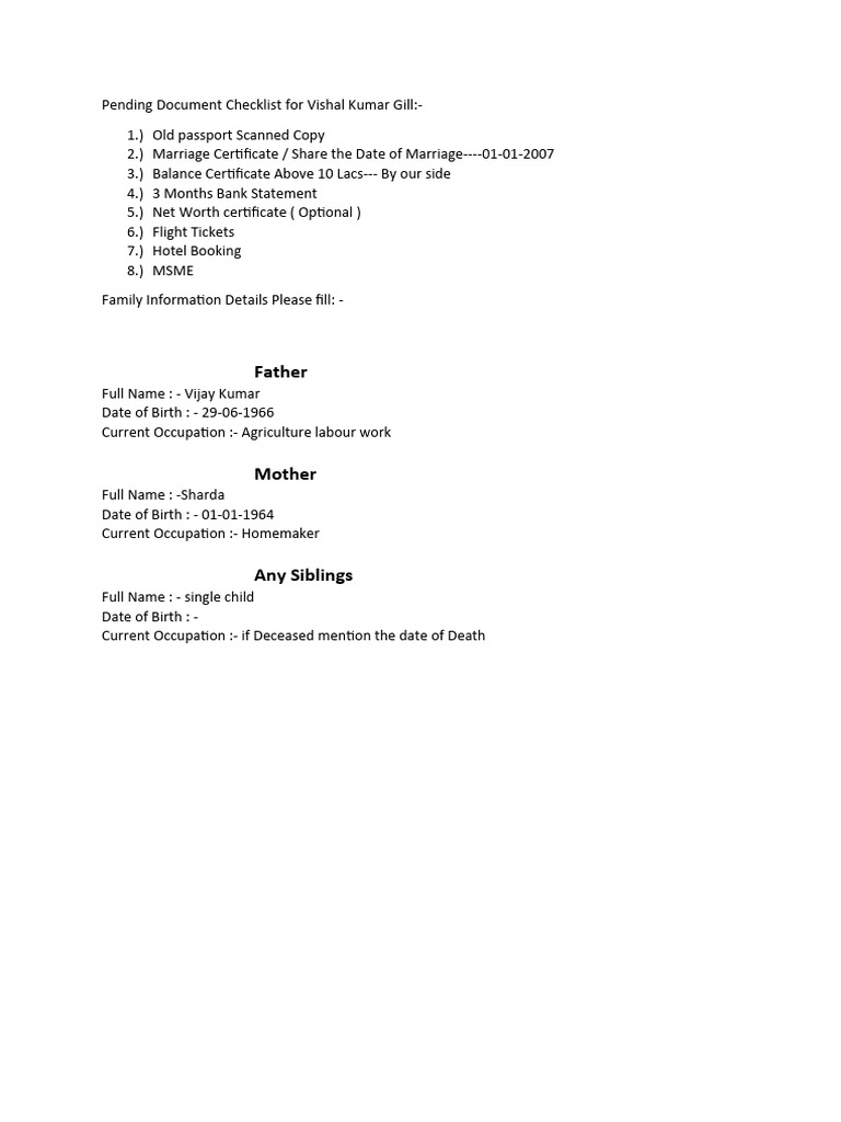 Pending Document Checklist - Vishal Kumar Gill | PDF | Sports & Recreation