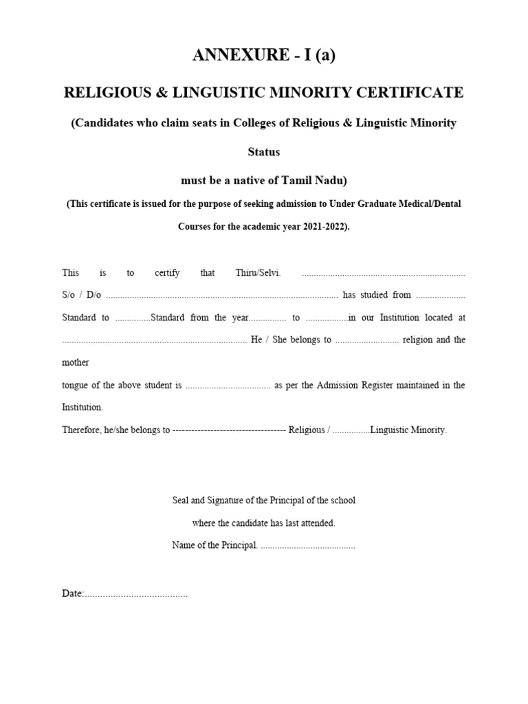 ANNEXURE-1 Telugu Minority Certificate | PDF