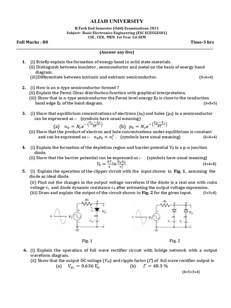 B.Tech Basic Electronics Exam 2021 | PDF | Amplifier | Rectifier