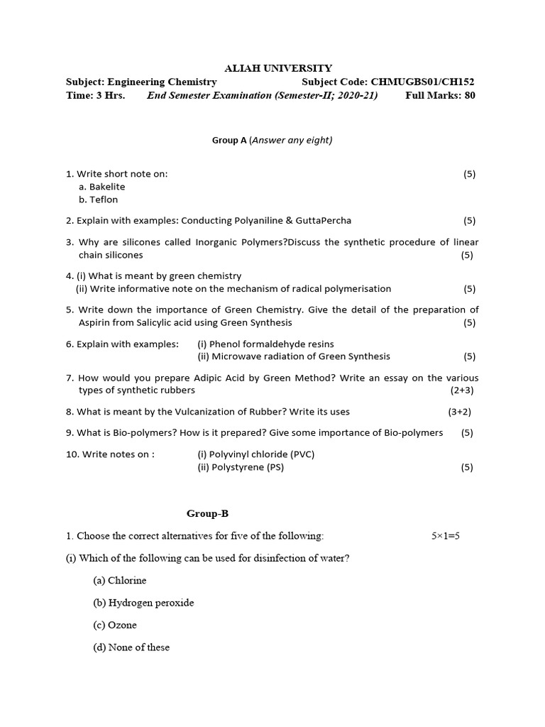 Engineering Chemistry Question Paper | PDF | Polymers | Physical Sciences