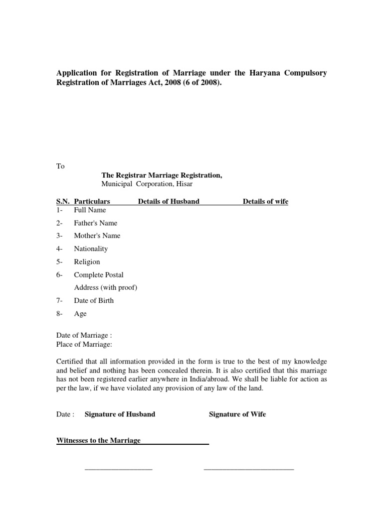 Marriage Registration Proforma | PDF | Marriage | Kinship And Descent