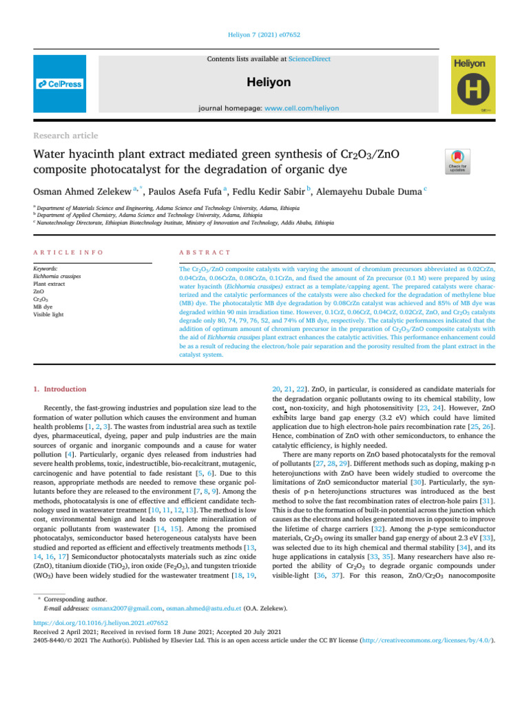 Water Hyacinth Plant Extract Mediated Green Synthesis of Cr2O3 ZnO ...