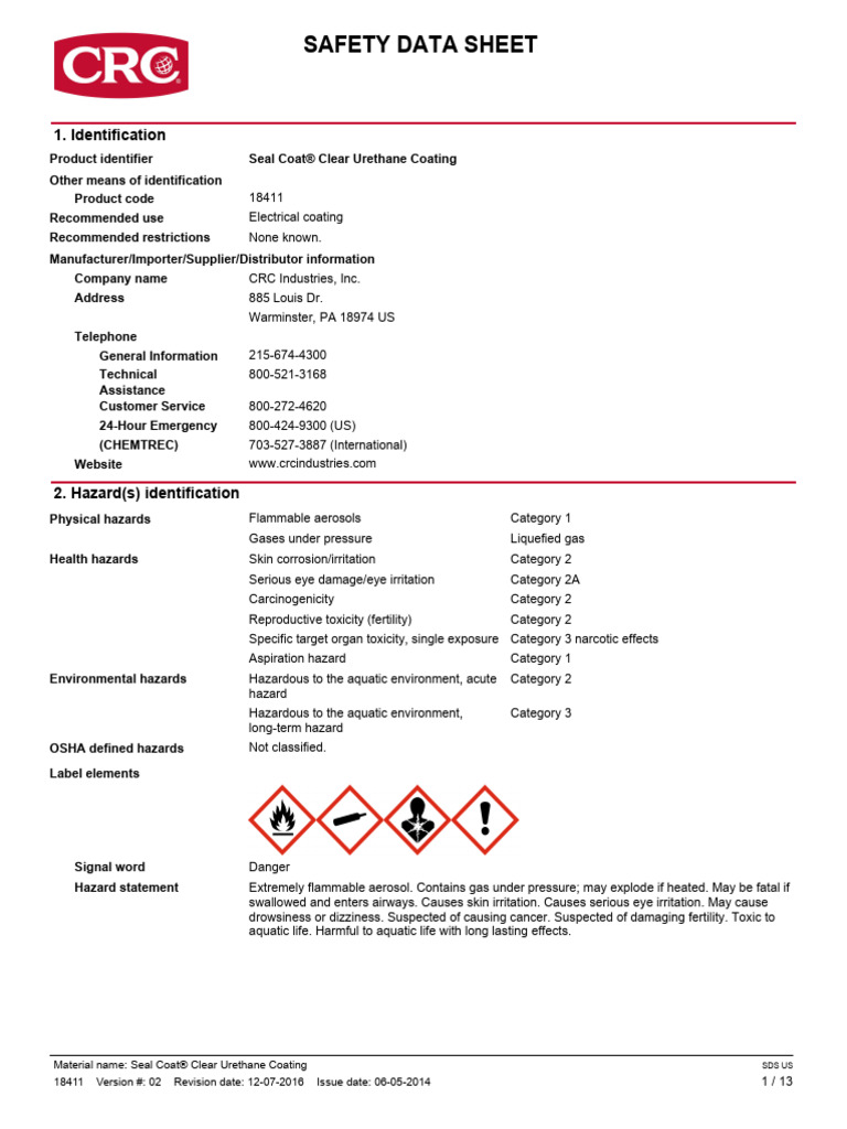 Seal Coat Clear Urethane Coating - MSDS | PDF | Toxicity | Hazards