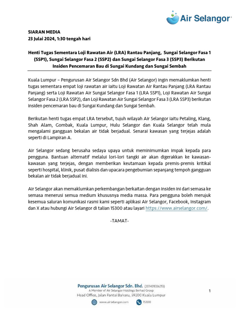 (MASS) 23072024 1.30PM - PR BM - Henti Tugas Sementara Loji Rawatan Air Rantau Panjang, SSP1 ...