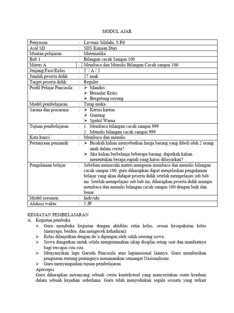 Modul Ajar MTK Kelas 2 Kanaan Duri | PDF