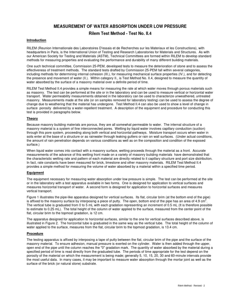 Rilem Method - Revised - 2 water absorption under low pressure | PDF ...