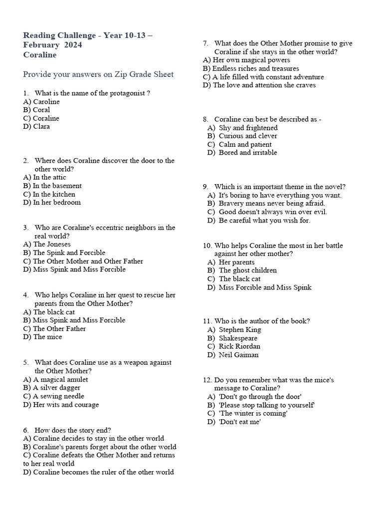 Coraline Reading Challenge Quiz | PDF | Young Adult | General Fiction