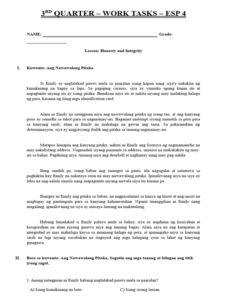 Work Tasks For 4th Grader ESP TAGALOG VERSION | PDF