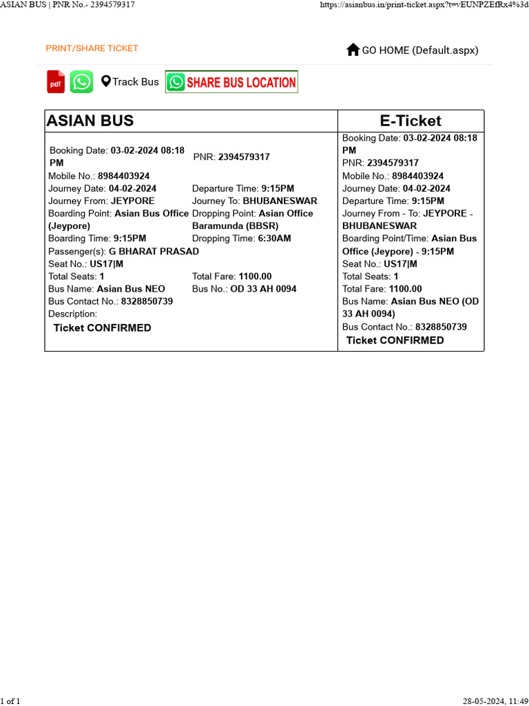 ASIAN BUS PNR No. - 2394579317 | PDF