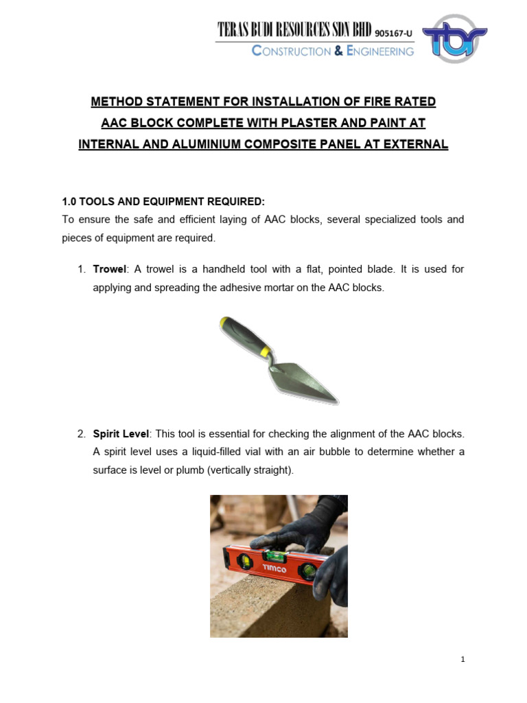 (A3) 8. MOS Installation of AAC Fire Rated Block | PDF | Personal ...