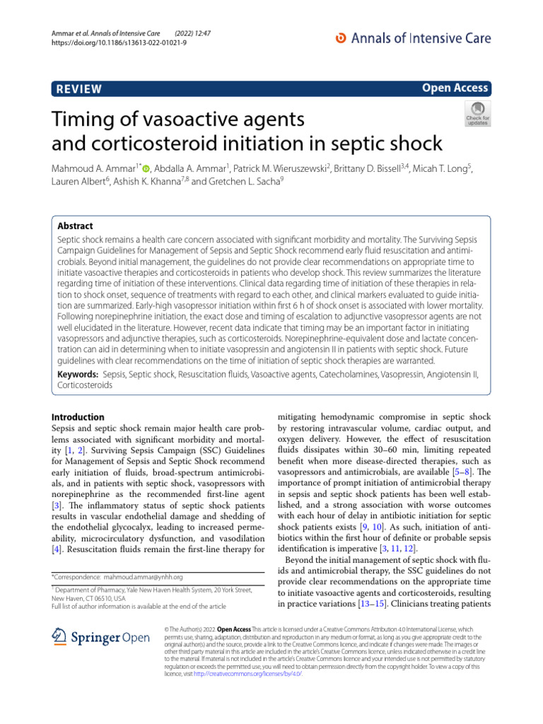 Timing of Vasoactive Agents and Corticosteroid Initiation in Septic ...