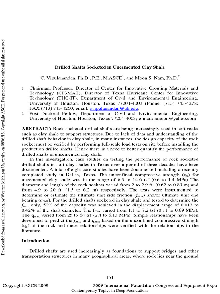 Drilled Shafts Socketed in Uncemented Clay Shale | PDF | Deep ...