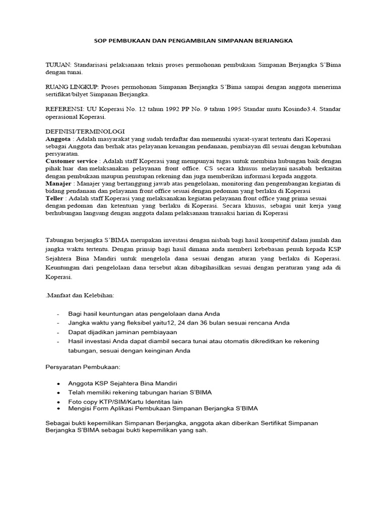 SOP Pembukaan Simpanan Berjangka S'Bima | PDF