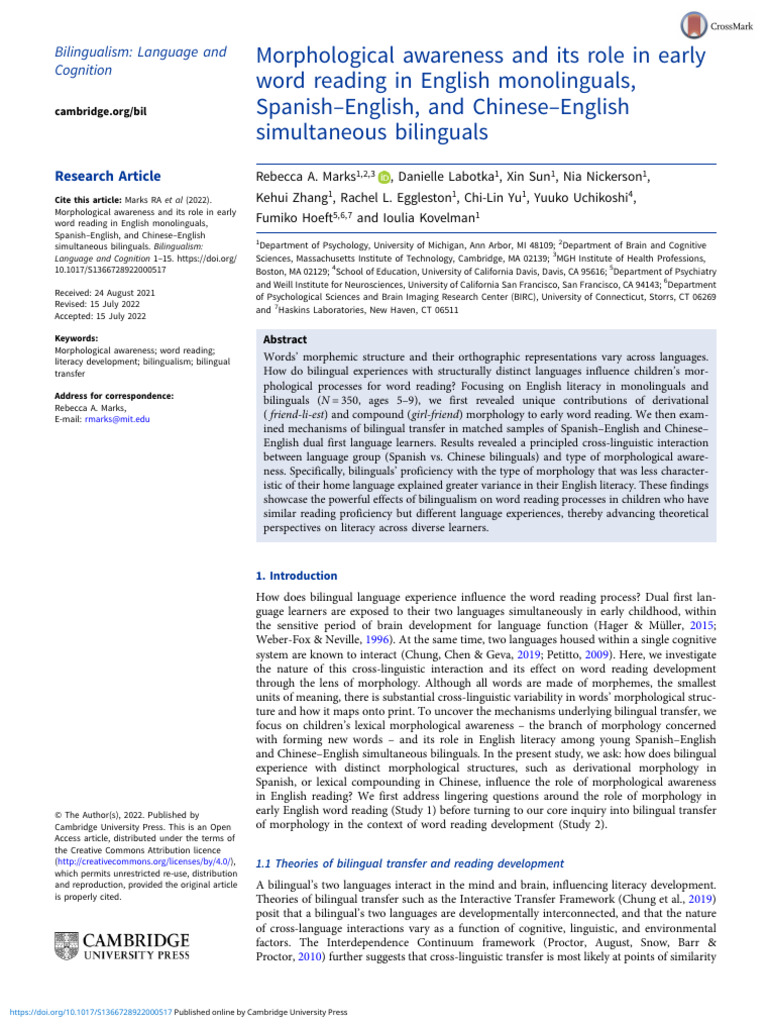 Morphological Awareness in Bilingual Reading | PDF | Morphology ...