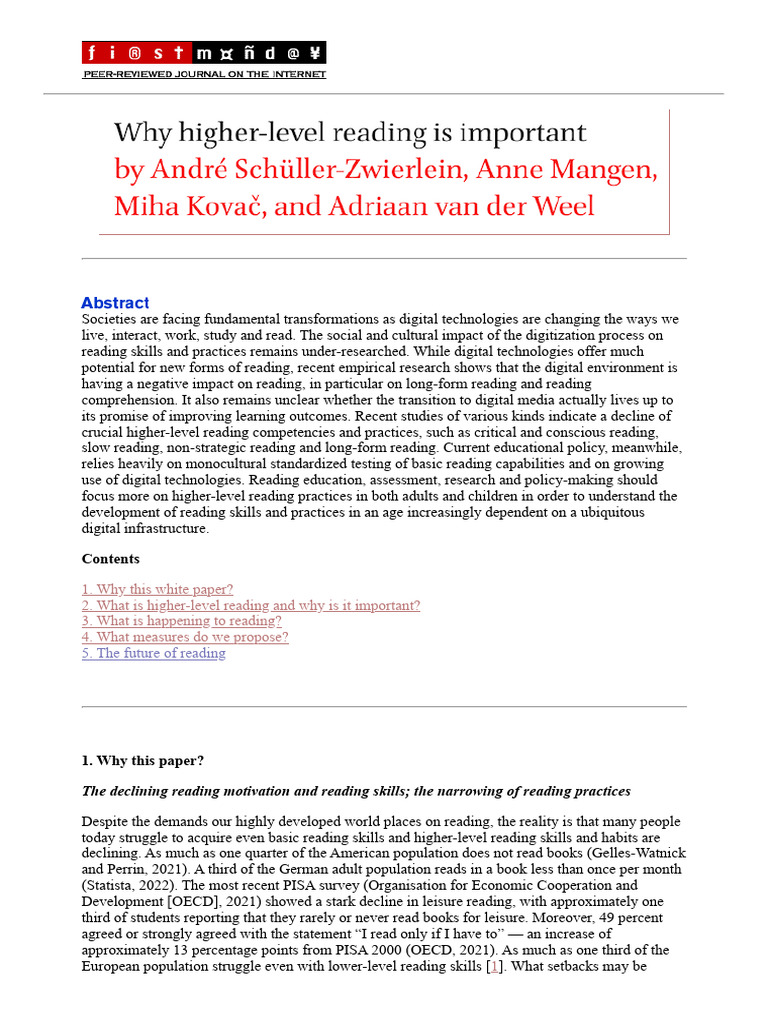 Why Higher-Level Reading Is Important | PDF | Literacy | Reading ...