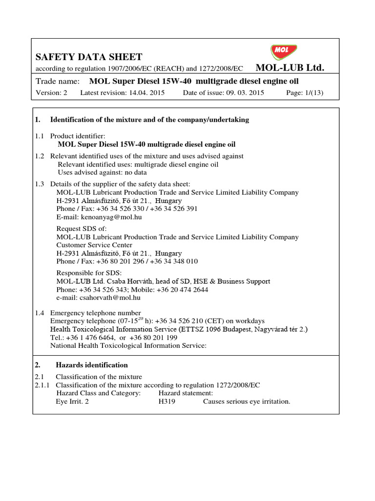 A2 - MSDS - MOL Super Diesel 15W-40 - GB | PDF | Toxicity | Combustion
