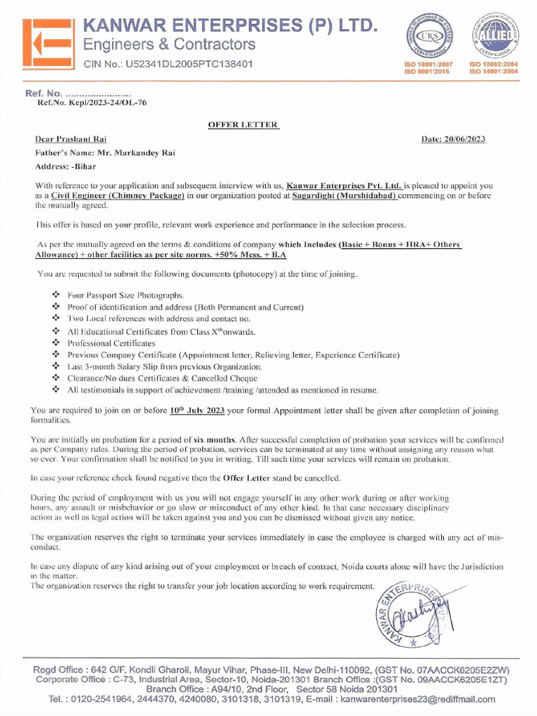 Prashant Rai Offer Letter-Sagardighi | PDF