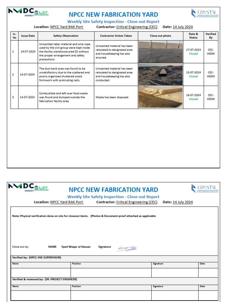 Weekly Safety Inspection Close-Out Report 14-07-2024 | PDF | Materials ...