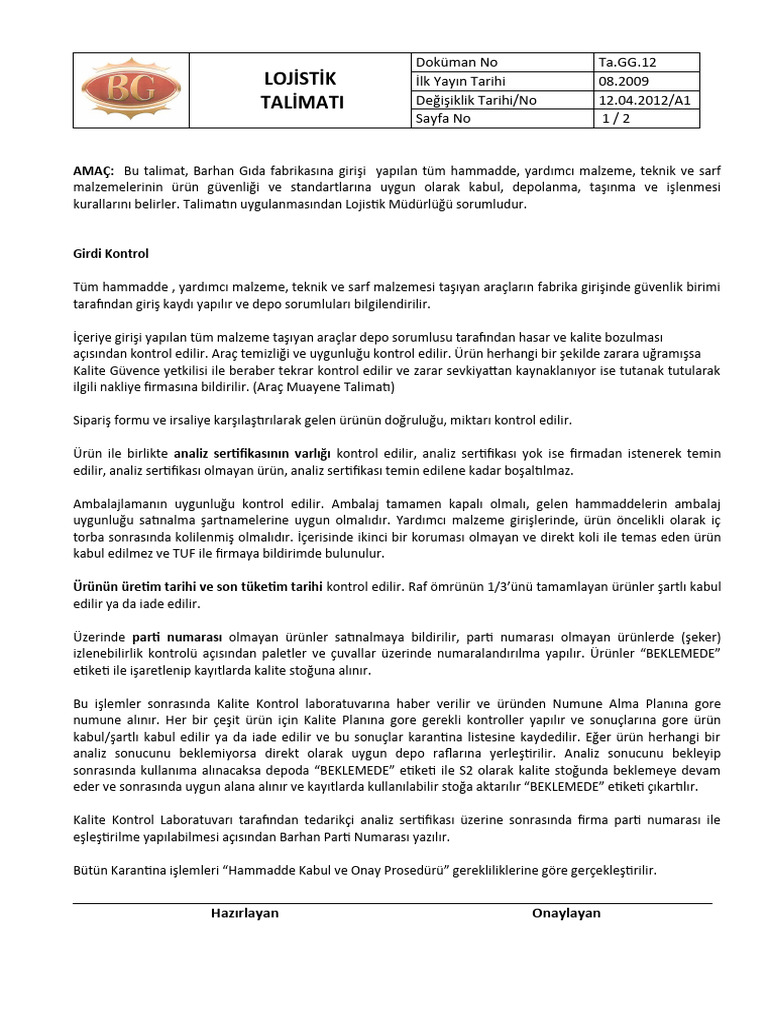 Ta.gg.12 - Lojistik Talimatı | PDF