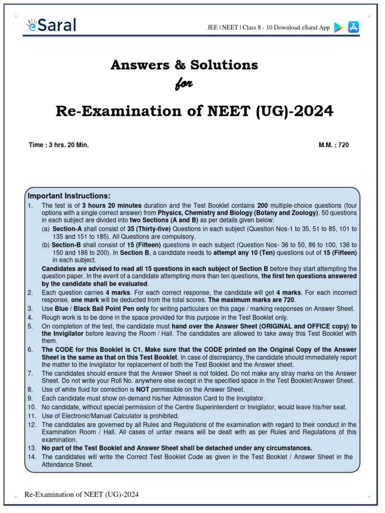 NEET Re Exam 2024 Question Papers With Solutions | PDF | Neutron ...