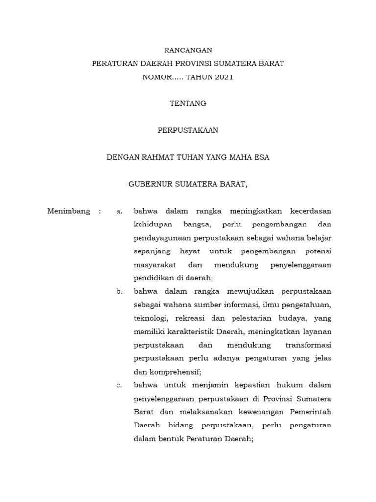Raperda Sumbar Perpustakaan 2021 | PDF