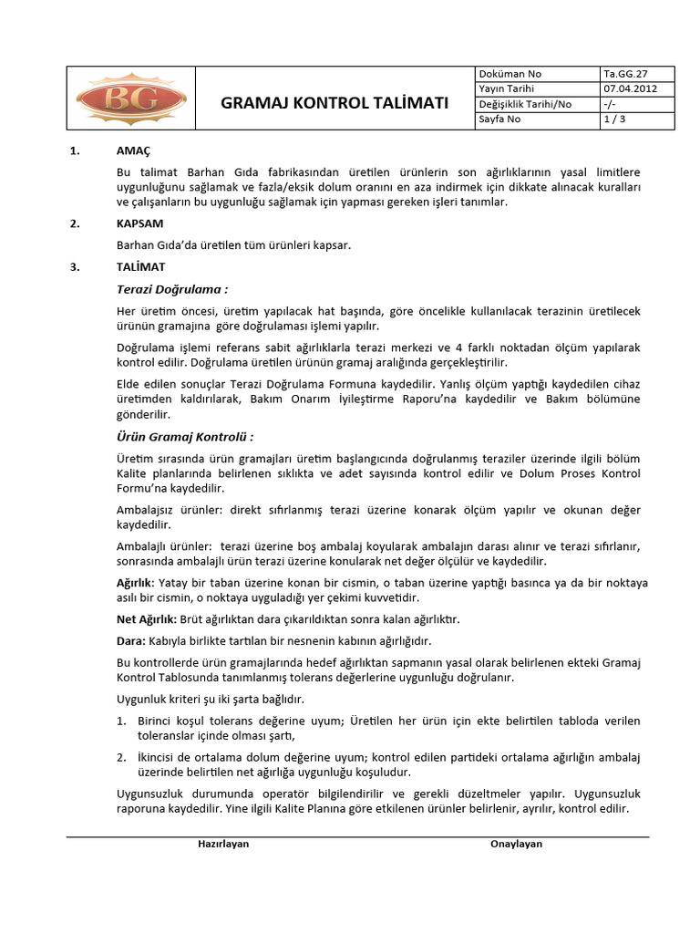 Ta - gg.27 - Gramaj Kontrol Talimatı | PDF