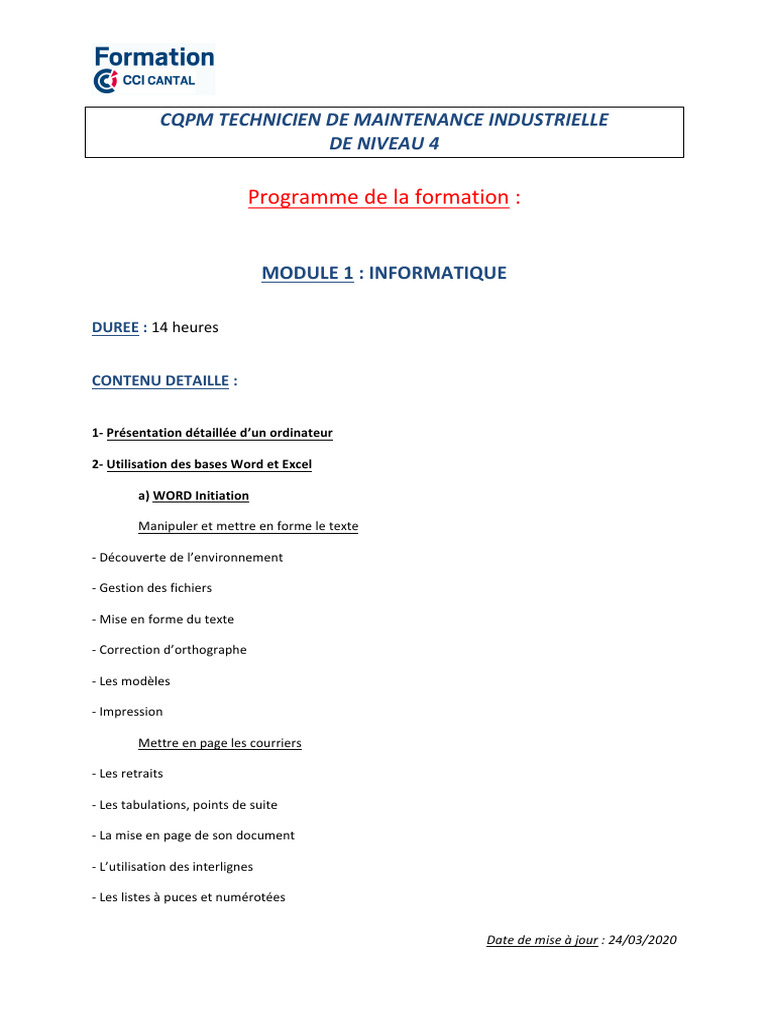 Programme Technicien de Maintenance Industrielle | PDF | Microsoft Excel | Microsoft Word