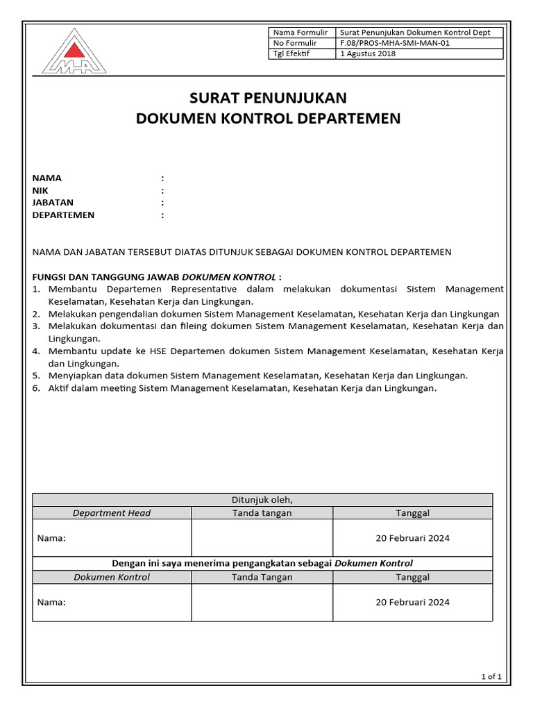 Surat Penunjukan Dokumen Kontrol | PDF