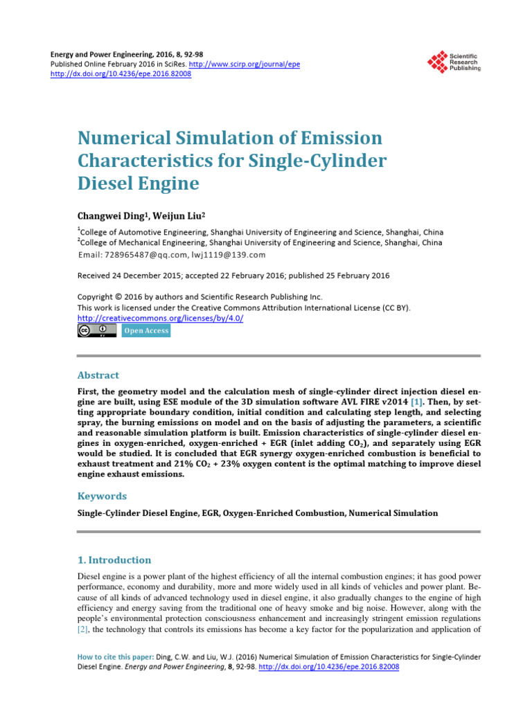 Numerical Simulation of Emission Characteristics For Single-Cylinder Diesel Engines | PDF ...
