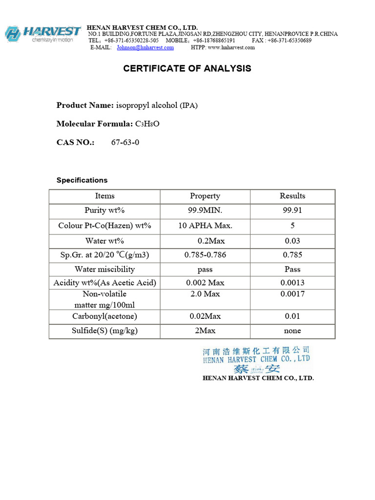 Ipa Coa Henan Harvest Chem | PDF