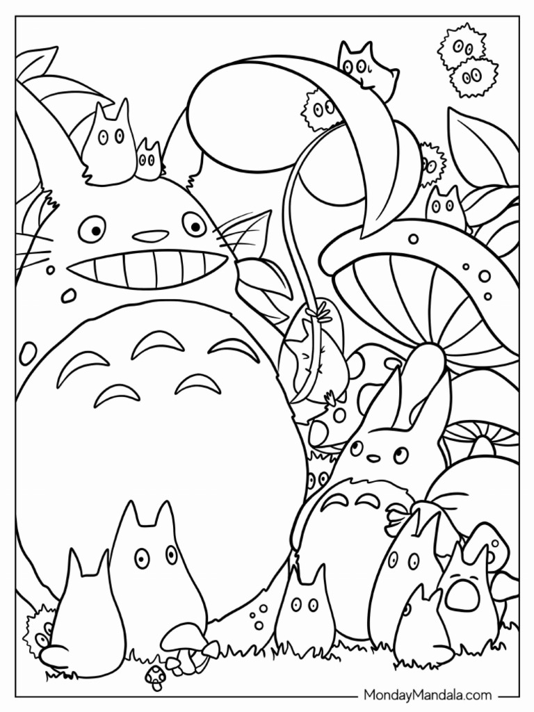 Totoro With Susuwatari and Small Totoro in Forest Coloring Page | PDF