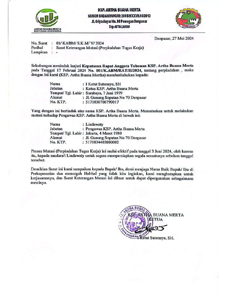 Surat Keterangan Mutasi | PDF