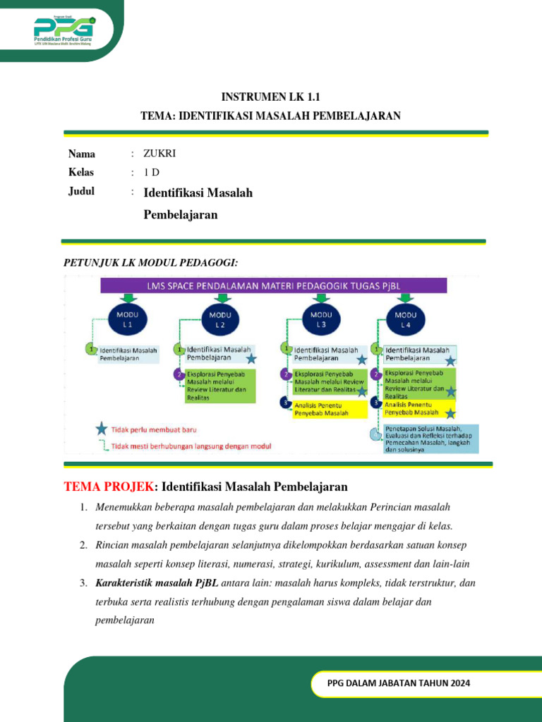 Instrumen LK 1.1 - Identifikasi Masalah Pembelajaran (MODUL PEDAGOGI - PJBL) - Compressed | PDF