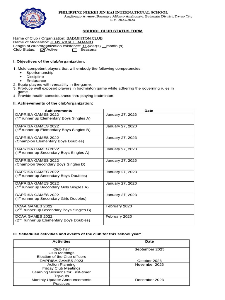 Club Status Form 2023badminton | PDF