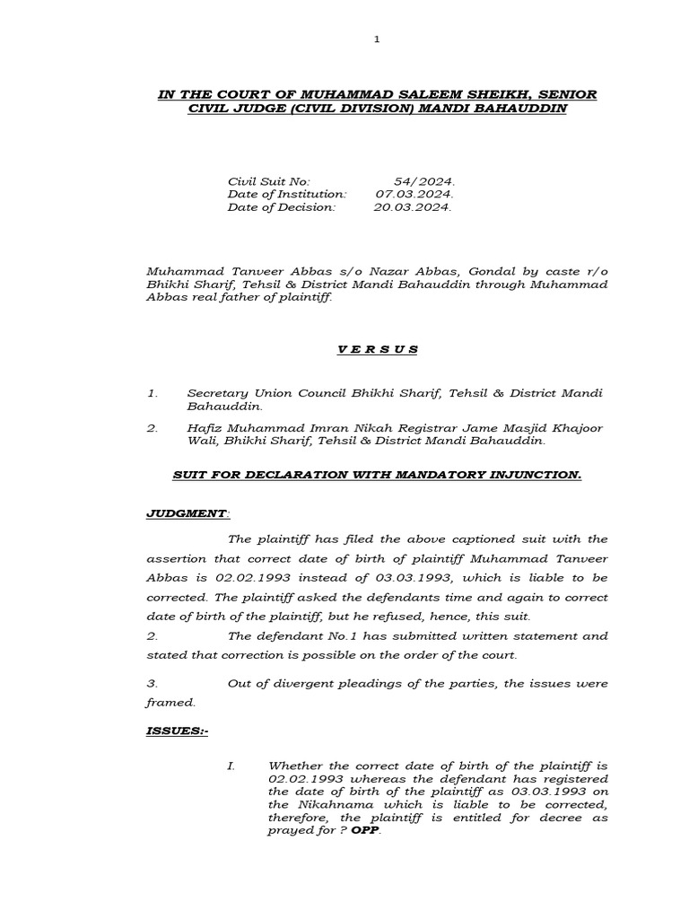 Correct Birth in Nikahnama of Muhammad Tanveer Abbas Vs Secretary Etc. | PDF | Lawsuit ...
