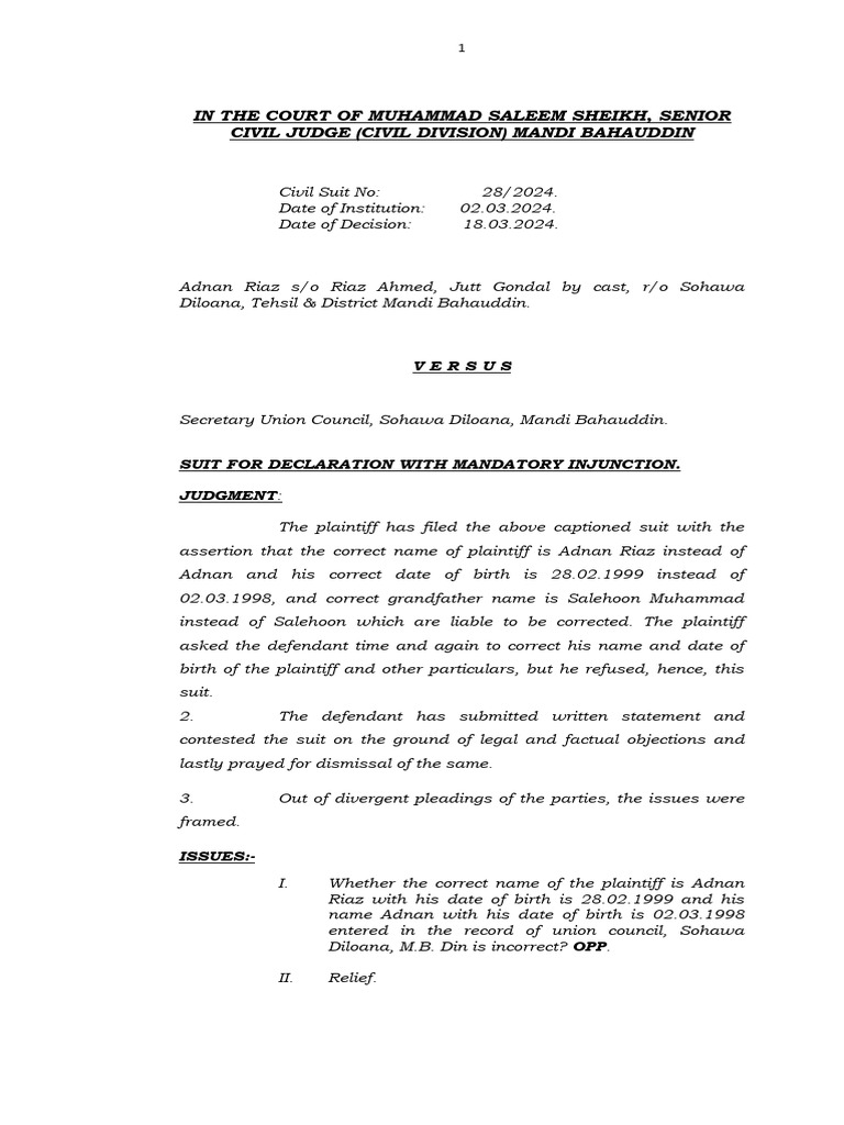 Correct Name & Birth & Grandfather Adnan Riaz vs. Secretary | PDF ...