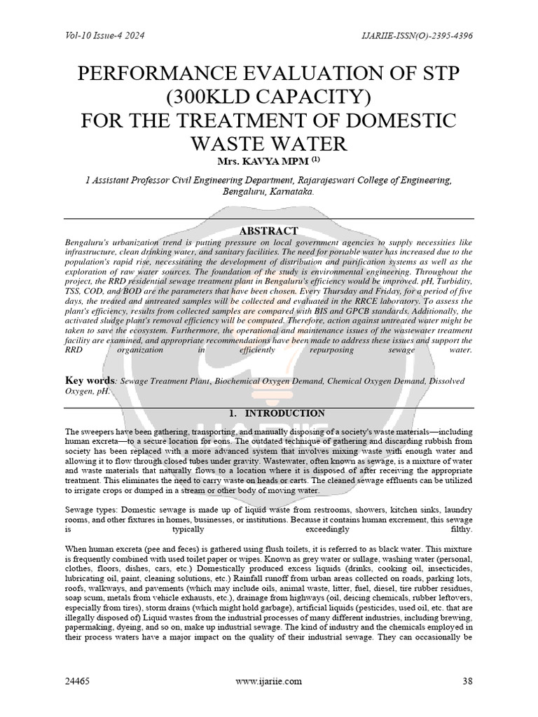 PERFORMANCE EVALUATION OF STP 300KLD CAPACITY FOR THE TREATMENT OF ...