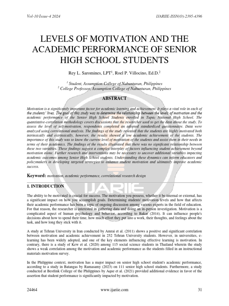 LEVELS OF MOTIVATION AND THE ACADEMIC PERFORMANCE OF SENIOR HIGH SCHOOL ...