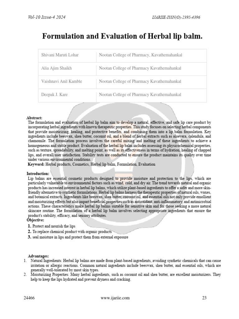 Herbal Lip Balm Formulation & Evaluation | PDF | Sunscreen | Perfume