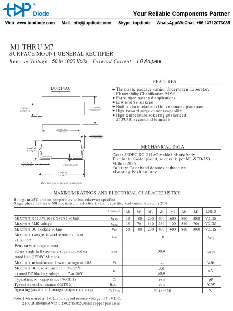 M1-M7 Surface Mount Rectifier Specs | PDF | Rectifier | Diode